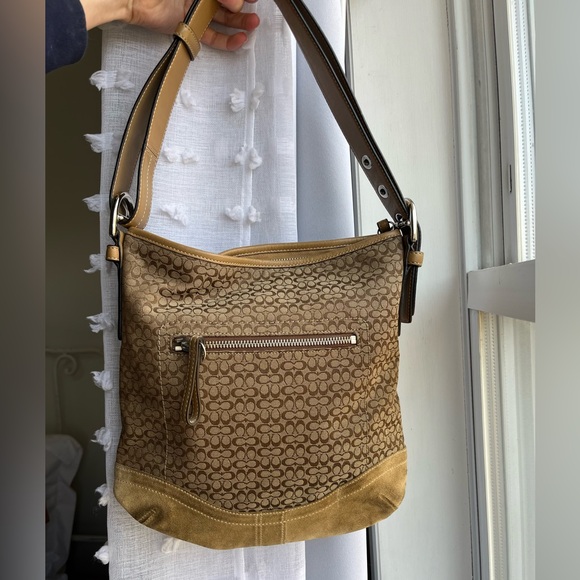 Coach | Bags | Authentic Coach Canvas And Leather Tan Shoulder Bag ...